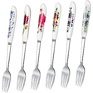 6Pcs Dinner Stainless Steel Forks Silverware - Dinner Fork with Ceramic Handle Stainless Steel Cutlery Forks Set - Dessert Forks and Spoons Silverware for Home, Restaurant and Kitchen Cutlery Sets