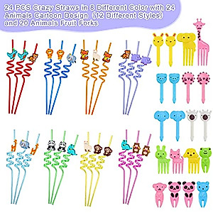 24 Reusable Jungle Animal Straws, Meetory Plastic Party Drinking Straws,Curly Crazy Straws with 20 Fruit Forks for Party Favor Kids Truck Decorations Birthday Supplies Gift, 12 Styles