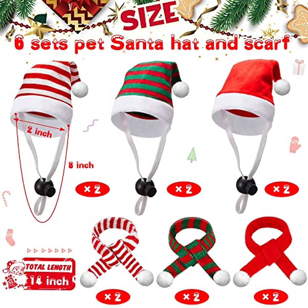 12 Pcs Christmas Pet Chicken Hat Scarf Set Mini Red Green Santa Hat Scarf Xmas Small Animal Hat with Adjustable Chin Strap for Hen Duck Hamster Guinea Pig Kitty Puppy Parrot(Stripe Style, Small)