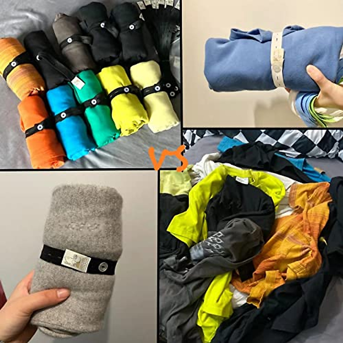 20Pcs Elastic Band with Buttonholes, Stretchable Connectable, Roll-up Clothes Storage Band, Adjustable Clothing Storage Strap with Button, Travel Luggage Space Saver, Drawer & Closet Organizer, Black