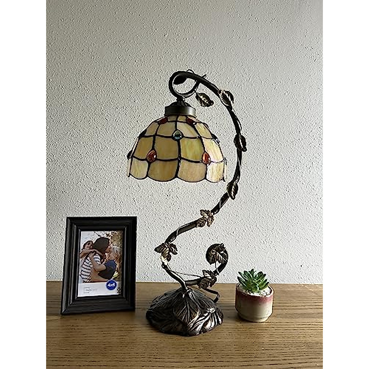 Enjoy Tiffany Style Table Lamp Gold Stained Glass Crystal Beans Iron Metal Leaves Bronze BaseIncluded LED Bulb Vintage for Living Room Dining Room Bedroom Bedside Office Hotel H21*W11 in