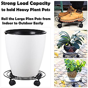 5 Packs Large Metal Plant Caddy 13.8” Plant Dolly with Wheels Heavy-Duty Wrought Iron Rolling Plant Stand with Casters for Indoor and Outdoor Plant Pot Rollers Black, Plastic Saucers Included