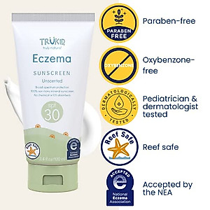 TruKid Eczema SPF 30+ Sunscreen - UVA/UVB Protection for Sensitive and Irritated Skin, Unscented, NEA-Approved for Eczema, Reef Safe, Planet-Friendly, Non-Nano, 3.4 oz