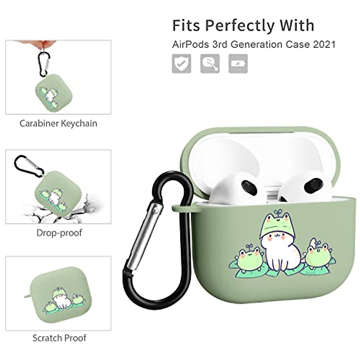 MAYCARI Compatible with Airpods 3rd Generation Case, Cute Airpods 3 Case Cover Frog Printed Protective Women Girl with Keychain for Apple Airpods 3rd Gen Case
