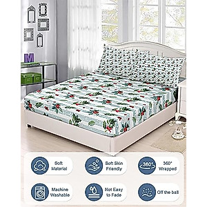 Full Size Fitted Sheet Bed Set Merry Christmas Holly Branch with Berry Deep Pocket Soft Bottom Sheets&Pillowcases for Bedroom Decor White and Blue Stripe,Fits Mattress Up to 16" Deep