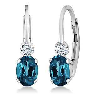 Gem Stone King 925 Sterling Silver London Blue Topaz and White Created Sapphire Leverback Earrings For Women (1.18 Cttw, Gemstone November Birthstone, Oval 6X4MM, Round 2MM, 3/4 Inch)