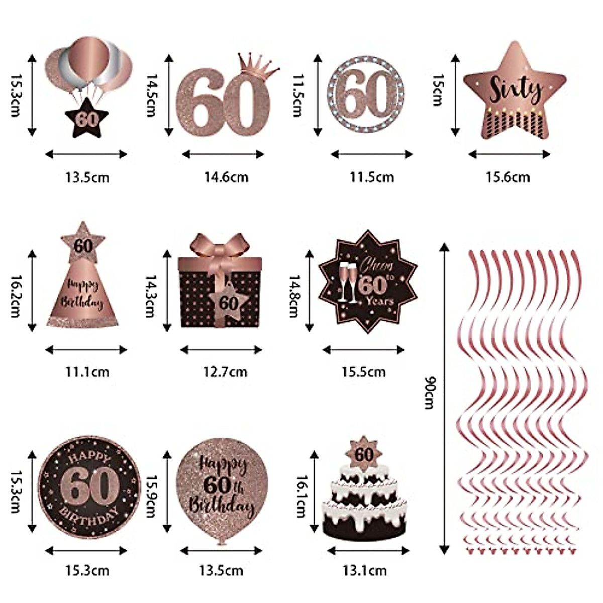 Happy 60th Birthday Party Hanging Swirls Streams Ceiling Decorations, Celebration 60 Foil Hanging Swirls with Cutouts for 60 Years Old Rose Gold Birthday Party Decorations Supplies