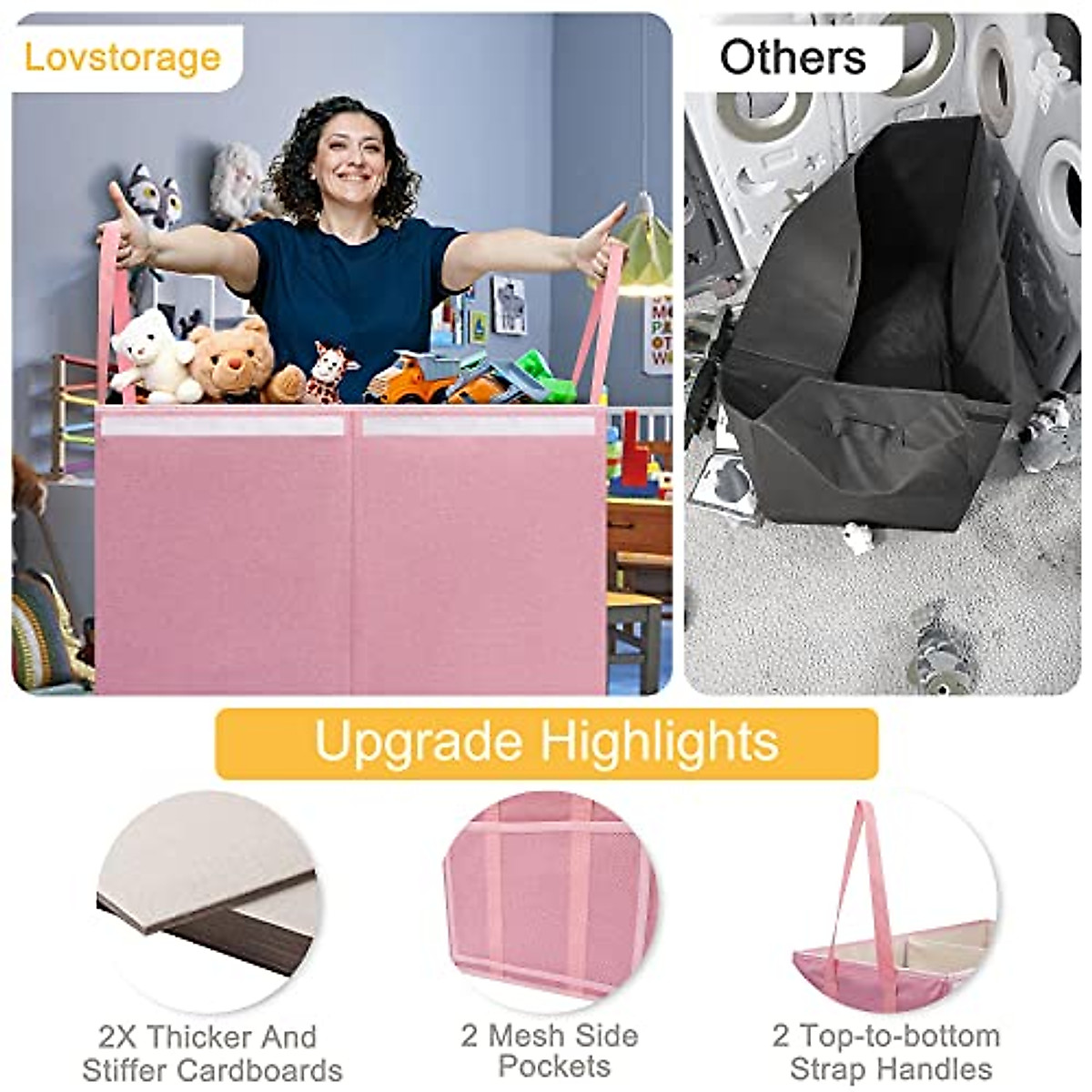 LOVSTORAGE Large Toy Box for Boys Girls Toy Chest Kids Toy Storage Organizer Collapsible Toy Storage Bin Basket with Two Mesh Pockets for Nursery Playroom Bedroom Living Room Organization