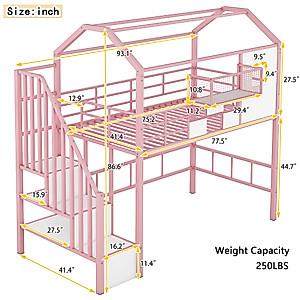 Twin Loft Bed with Stairs, Roof, Window and Full-Length Guardrail, House Loft Bed/Heavy Duty Metal Loft Bed with Storage Box and Storage Stairs, Pink Loft Bed Twin Size