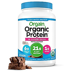 Orgain Organic Protein + Superfoods Powder, Creamy Chocolate Fudge - 21g of Protein, Vegan, Plant Based, 6g of Fiber, No Dairy, Gluten, Soy or Added Sugar, Non-GMO, 2.02 Lb