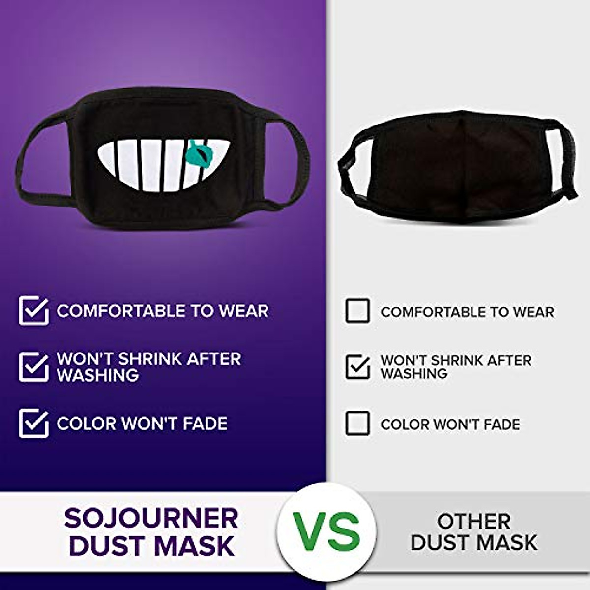 SoJourner Bags Black Face Mouth Mask - Cotton Face Covering (10 Pack) - Face Mask Resuable, Washable, Breathable, Adjustable - Adult and Child Size | Rave EDM Halloween Masks