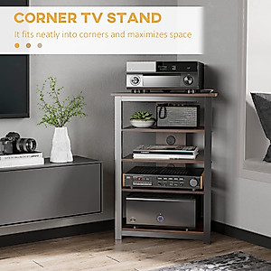 HOMCOM Media Stand with 4-Tier Audio Rack AV Media Corner Shelf with Cable Management for DVD Players Game Console TV Box Cable Box Xbox WiFi Router, Brown