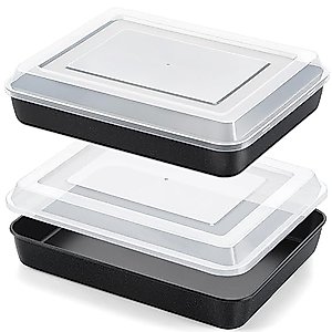 P&P CHEF Baking Pans with Lids Set, 9.7 x 12.5 Inch Rectangular Cake Baking Pan for Lasagna Brownie Bread, Stainless Steel Core & Nonstick Surface, Oven & Freezer Safe, 4Pcs - 2 Pans & 2 Lids