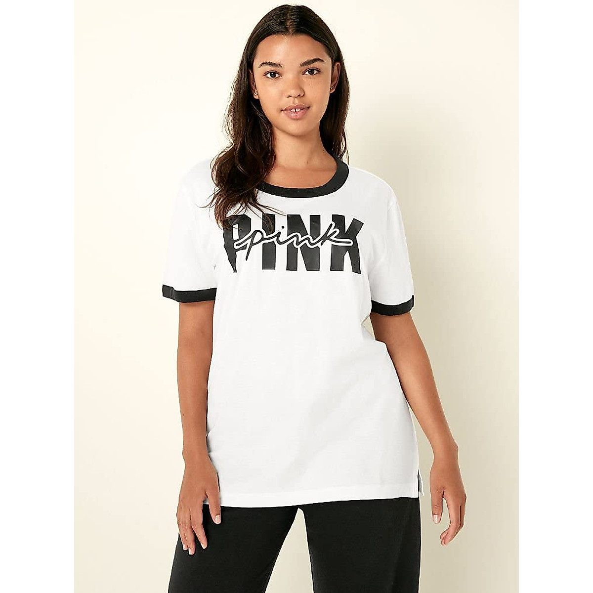 Victoria's Secret PINK Cotton Short Sleeve Campus T Shirt, Women's T Shirt, Optic White, XL
