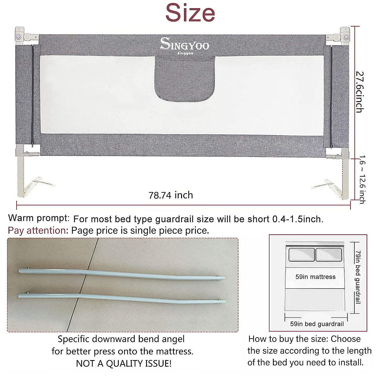 SINGYOO Bed Rails for Toddlers- New Upgraded Extra Long Bed Guardrail Full Size Baby Bedrail for Children Fit for Twin Queen & King Size Bed Mattress one Piece (Grey, 79"(L) x 30"(H))
