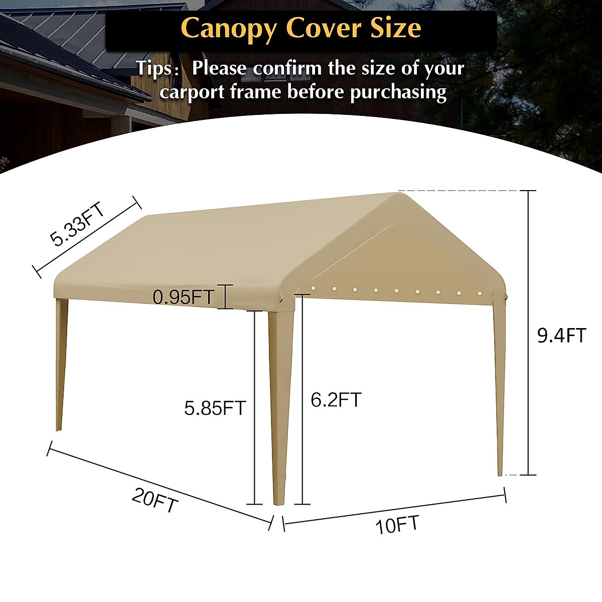 GOTRUTH 10x20 Canopy Replacement Cover, Carport Replacement Canopy Top Cover for 10' x 20' Frame, 800D Heavy Duty Waterproof & UV Protected Car Canopy with Ball Bungees (Frame is not Included) (Beige)
