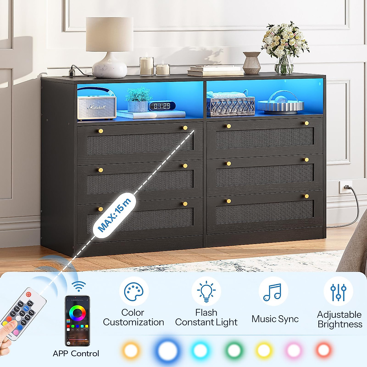 HOOBRO 6 Drawer Dresser with LED Lights and Charging Station, Black Rattan Dresser for Bedroom, Rattan Chest of Drawers,15.7" Wide LED Dresser, with Open Storage, Wooden Dresser for Closet, Black