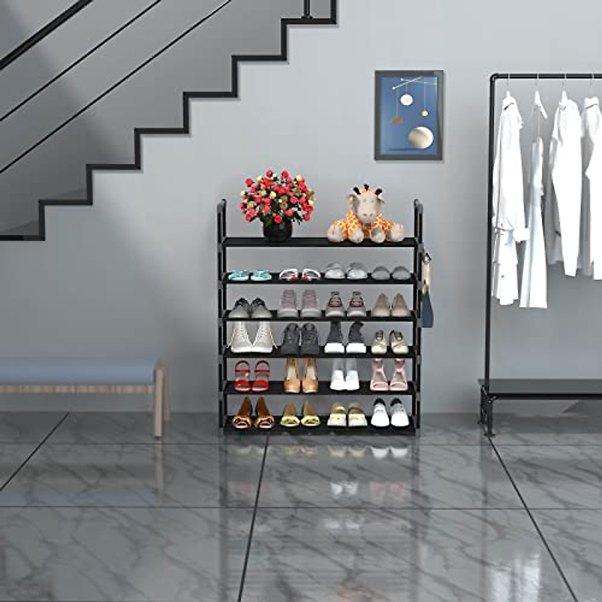 Hsscblet 6 Tiers Metal Shoe Rack,Adjustable Shoe Shelf Storage Organizer with Versatile Hooks,Stackable Boot & Shoe Storage,for Entryway,Hallway,Living Room,Closet,Black