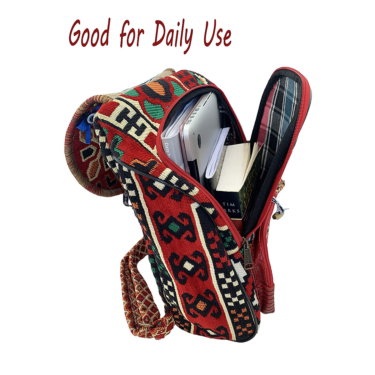 Aysesa Turkish Rug Backpack Multi Pocket Handmade Stylish Designer Daypack Ethnic Handwoven Carpet Bag for Travellers Boho Hippie Bag (Red, Rug)