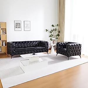 Chesterfield Sofa, Modern Faux Leather Button Tufted Accent Couch with Square Arms and Metal Legs for Living Room, Bedroom, Office, Apartment (Black)