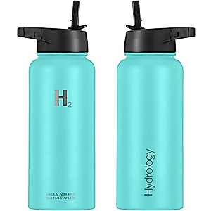 H2 Hydrology Sport Water Bottle 3 LIDS (Straw Lid & Spout Lid) | Double Wall Vacuum Insulated Stainless Steel Wide Mouth | Sports Hot & Cold Leak Proof Sweat Free Thermos (32 oz, Aquamarine)