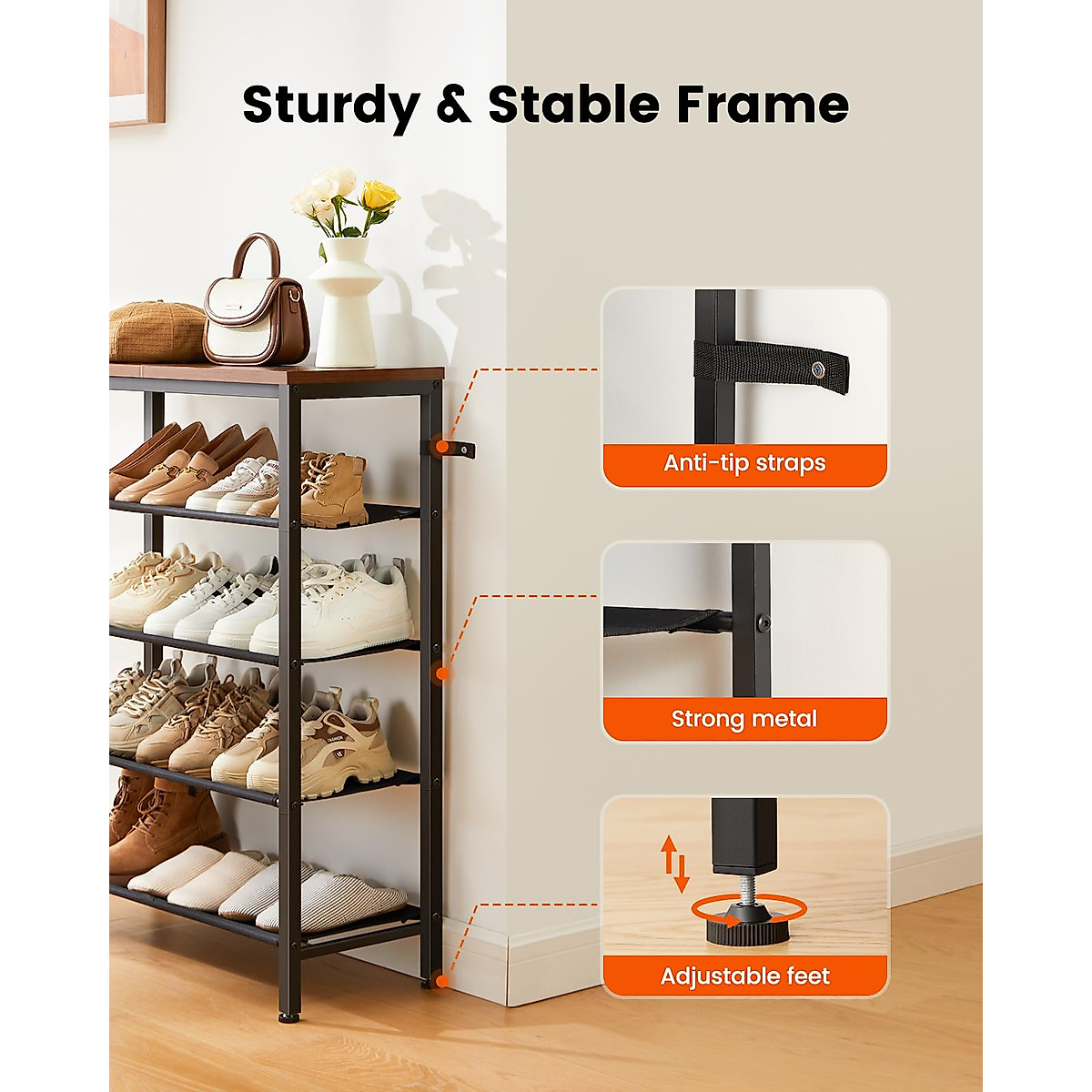 Pipishell 5-Tier Shoe Rack, Large Shoe Stand Rack with Sturdy Wood Grain Finish Top Shelf & Steel Frame, Free-Standing Shoe Organizer for Entryway,Front Door Entrance,Closet,Bedroom,Hallway