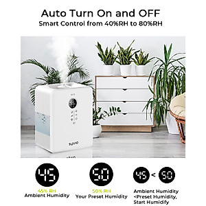Cool and Warm Mist Humidifiers for Bedroom Large Room, Syvio 6L Top Fill Air Humidifiers for Baby, Plants, Whole House Quick Humidify up to 755 sq.ft, Remote Control, with 1 Fish-Filter, Milky White …