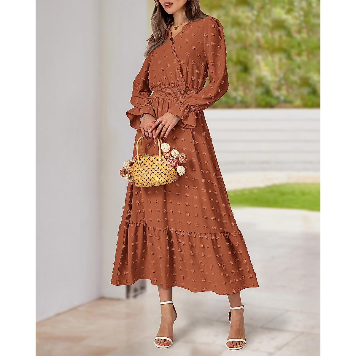 BTFBM Women Fall Dresses 2023 Long Sleeve V Neck Swiss Dots Maxi Dress Boho Long Dress High Waisted A-Line Ruffle Dress(Solid Orange,Large)