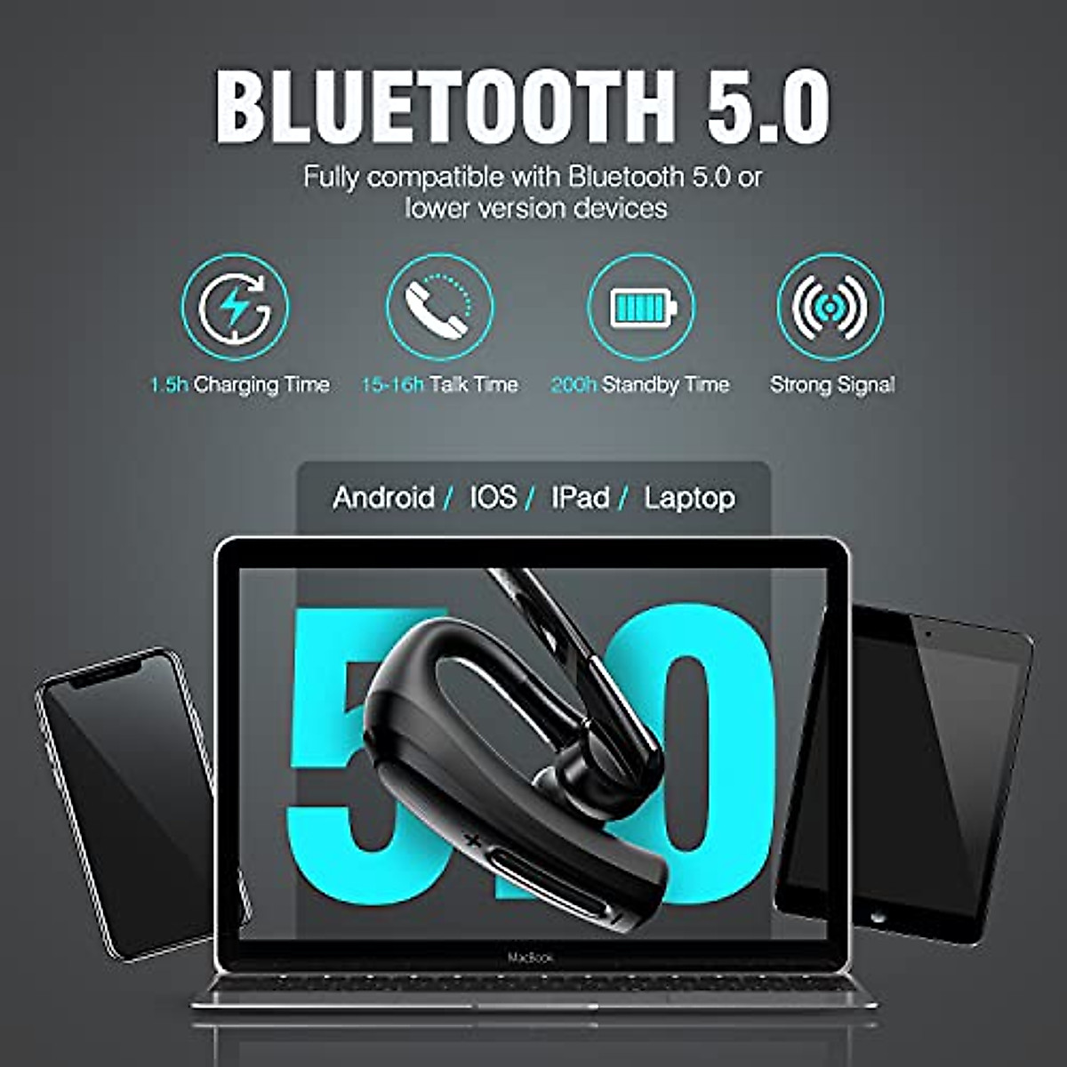 Unipows Bluetooth Headset, Bluetooth Earpiece 16 Hours Talktime with CVC8.0 Noise Cancelling Mic Mute Key Hands-Free Earphones for Cell Phones PC Laptop Business Truck Driver Office Call Center Skype