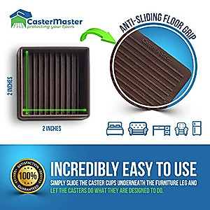 CasterMaster Non Slip Furniture Pads - 2x2 Square Rubber Anti Skid Caster Cups Leg Coasters - Couch, Chair, Feet, and Bed Stoppers with Anti - Sliding Floor Grip (Set of 4)