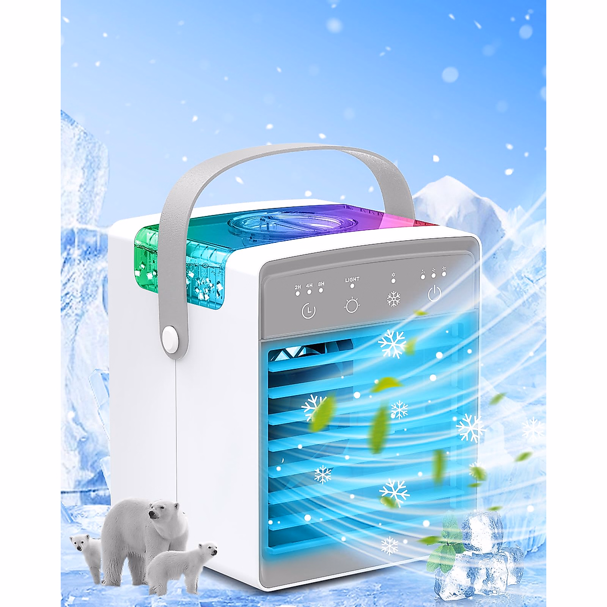 Portable Air Conditioners, 3 Wind Speeds & 7 LED Lights Evaporative Personal Air Cooler, 4 in 1 Portable AC with 300ml Large Water Tank, Mini Air Conditioner for Bedroom/Car/Home/Camping/Room