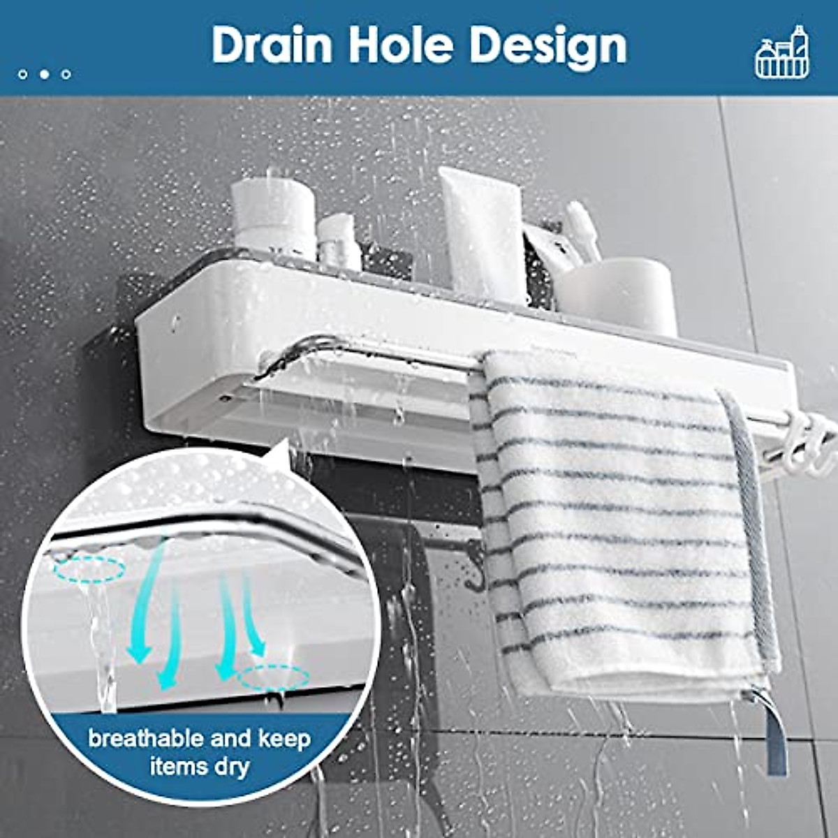 Aomola Shower Caddy 2 Pack, Adhesive Shower Rack with 4 Hook, No Drilling Stainless Steel Shower Shlef, Bathroom Organizer for Kitchen, Washroom