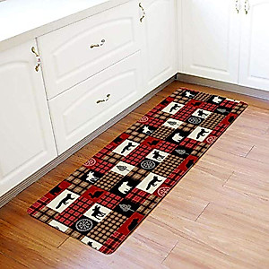 Kitchen Floor Door Mat,Christmas Red and Black Buffalo Check Plaid Bear Elk Wolf Tree Non Slip Kitchen Mats PVC Rugs for Bathroom,Floor Home,Office,Sink,Laundry,18"x47"