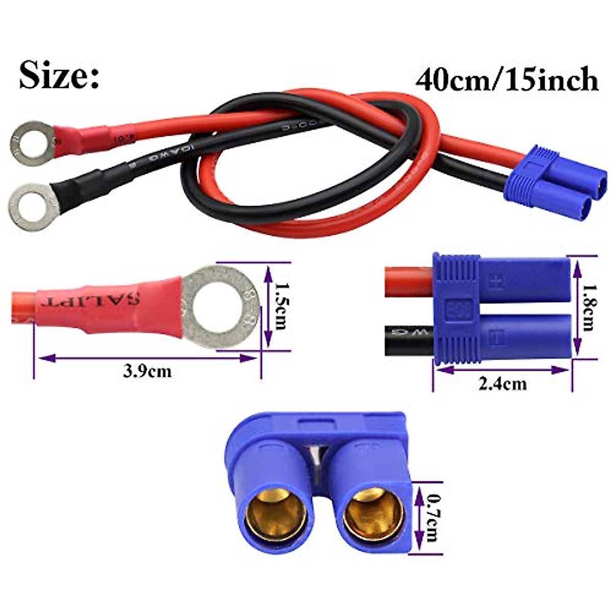 AAOTOKK EC5 to O Ring Terminal Cable,EC5 Female to O Ring Eyelet Terminal Plug Connector Cable 10AWG RC ESC Charger Side Power(40cm/15inch)