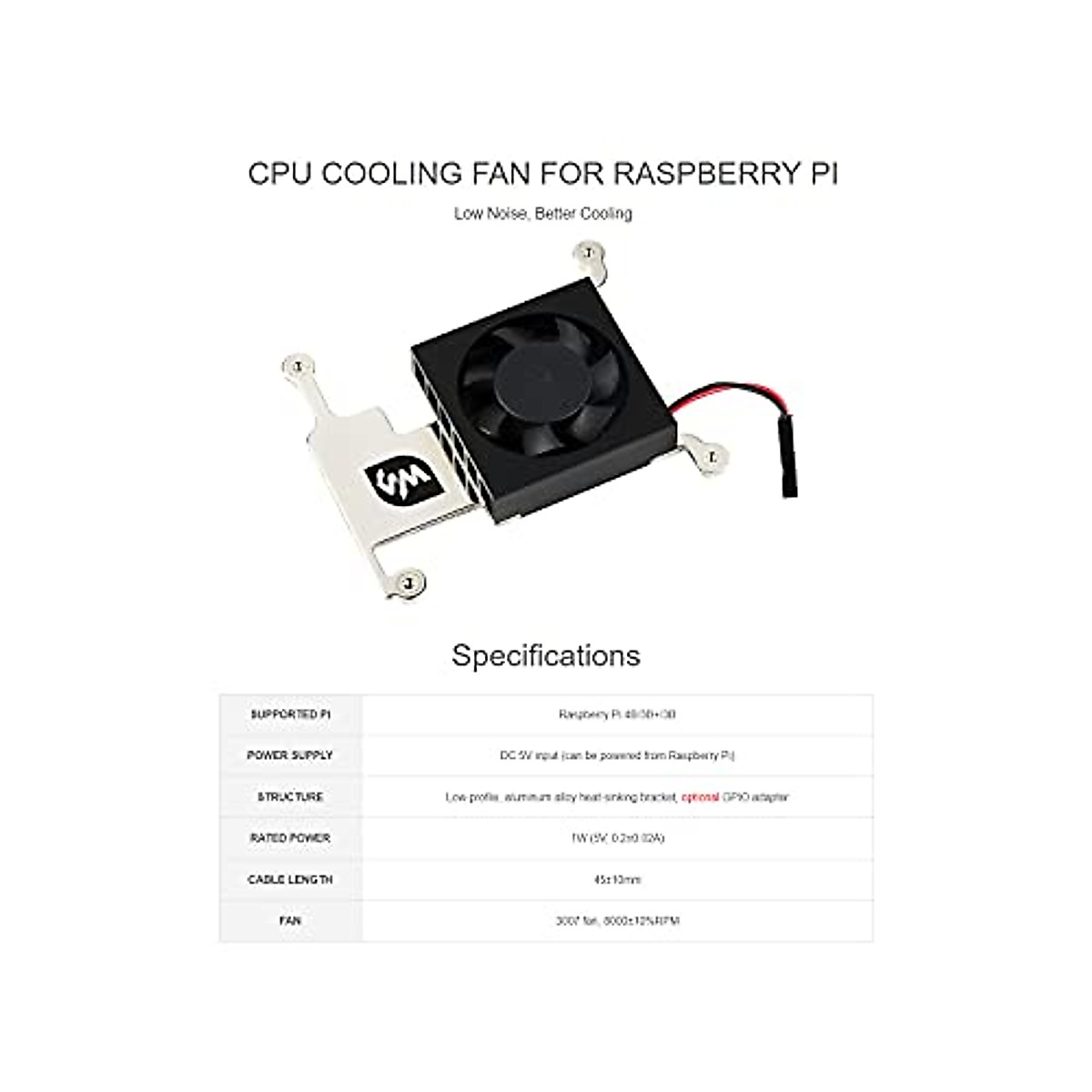 Waveshare Low-Profile CPU Cooling Fan for Raspberry Pi 4B/3B+/3B with Aluminum Alloy Bracket Include GPIO Adapter
