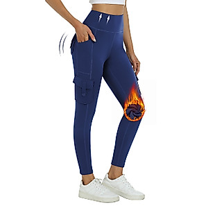 MoFiz Women's Cargo Pants Winter Fleece Lined Leggings Warm Water Resistant Thermal Insulated Sports Hiking Joggers Legging Running Tights High Waisted Navy 2XL