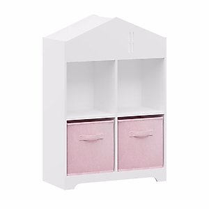 Tzou Kids Dollhouse Bookcase with Storage, Toddler Bookshelf, 2-Tier Storage Display Organizer with 2 Collapsible Fabric Drawers for Boys Girls Bedroom, Playroom House Bookshelf White+Pink