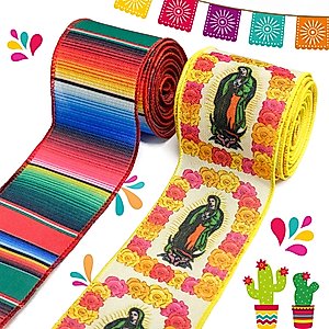 HIENAJ 2 Rolls 2.5 Inches 10Yards Mexican Cinco de Mayo Fiesta Ribbons Mexican Fabric Ribbons Serape Virgin Mary Ribbon for Mexican Fiesta Gift Wrapping Outdoor Hanging Party Decoration Supplies