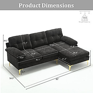VEPXXP 83" Convertible L Shaped Sofa, Modern Sectional Sofa with Chaise & Comfy Cushion, Chenille 3 Seater Couch Small Couches for Living Room Apartment Small Space, Black