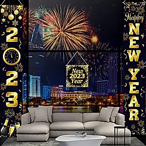 Happy New Year Decoration Set New Year Porch Sign Welcome New Year Banner Hanging Decoration for Indoor/Outdoor New Year Decoration New Year Party Gold New Year (2023)