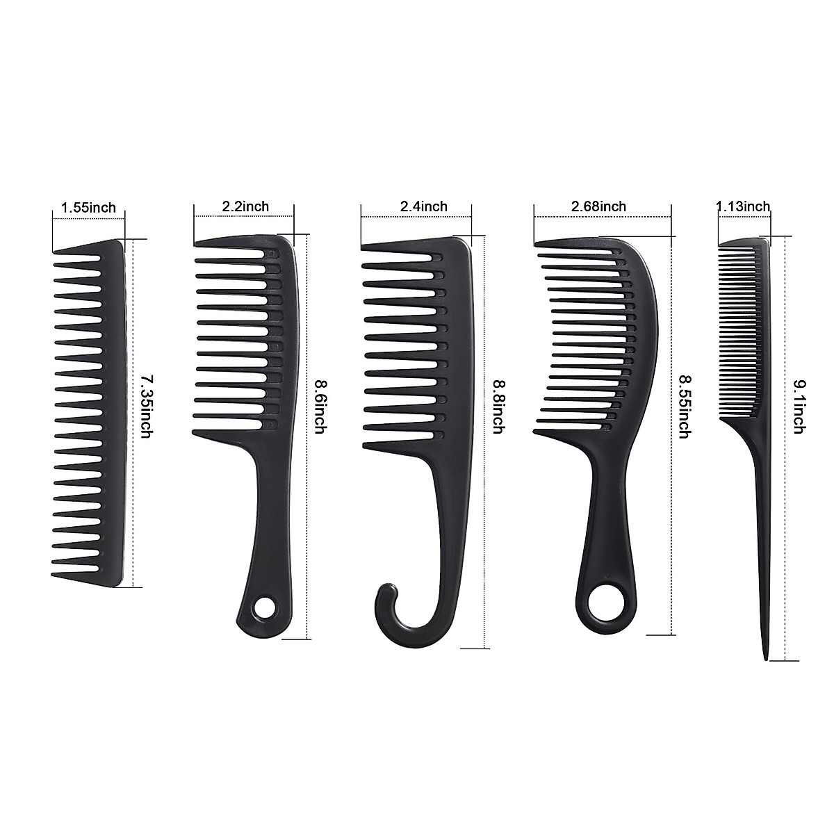 5 Pcs Hair Comb Set, Wide Tooth Detangling Comb,Large Shower Comb with Hook，Fine Tooth Rat Tail Comb Professional Styling, No Handle Women Brush For Curly, Wet, Dry, Long and Thick Hair.