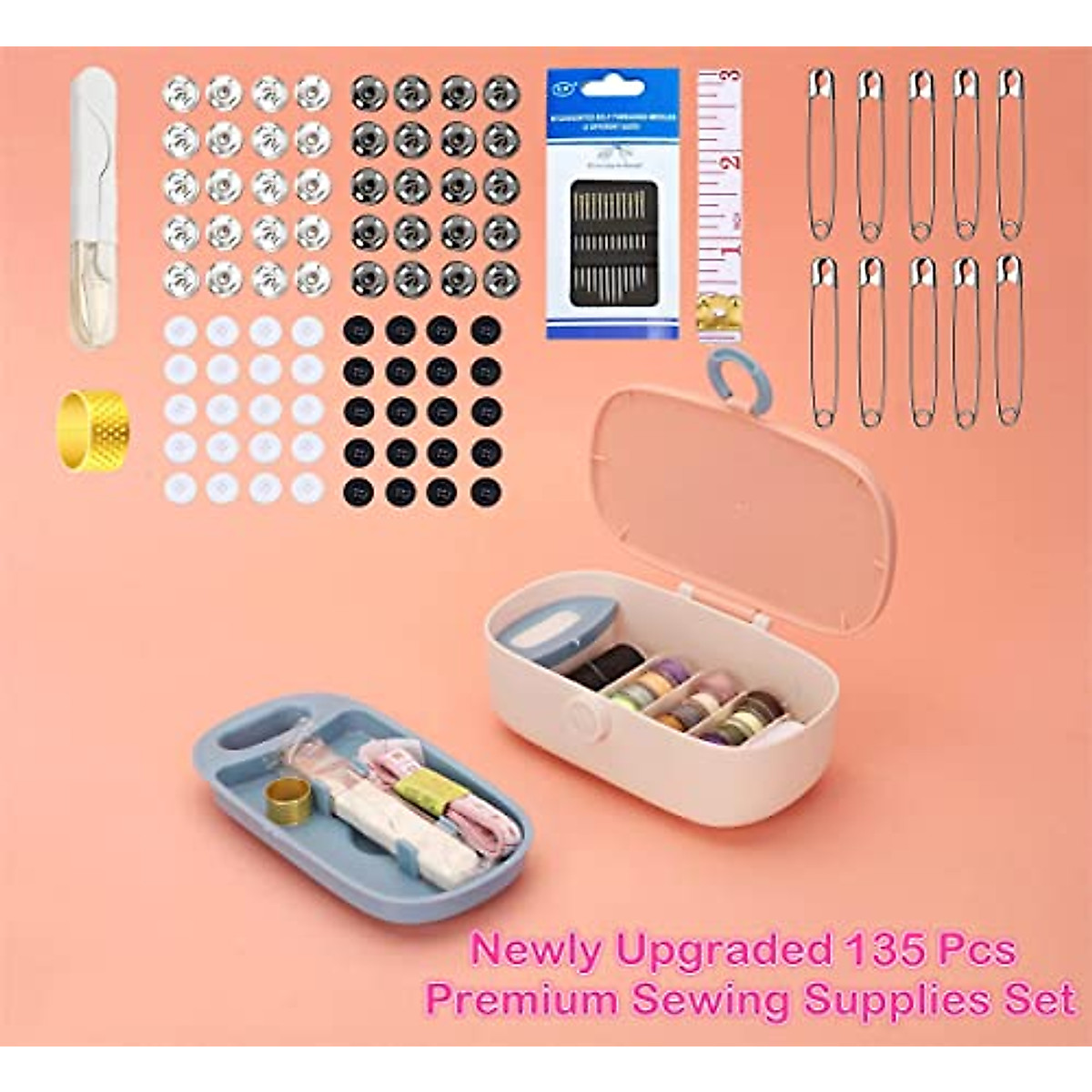 FKOG Sewing Project Kit, 135 Pcs Premium Family Sewing Supplies Repair Kit Sewing Thread Accessories Traveler Sewing Kit DIY Sewing Supplies Organizer (Pink)