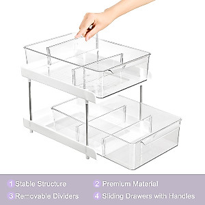 Lille Home 2-Tier Clear Organizer with Sliding Storage Drawers/Baskets, with Handles and Dividers for Kitchen, Under Sink, Bathroom, and Office, BPA Free