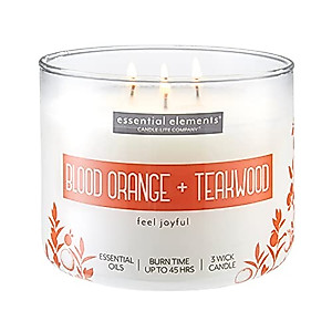 Essential Elements by Candle-lite Scented Candles, Blood Orange & Teakwood Fragrance, One 14.75 oz. Three-Wick Aromatherapy Candle with 45 Hours of Burn Time, Off-White Color