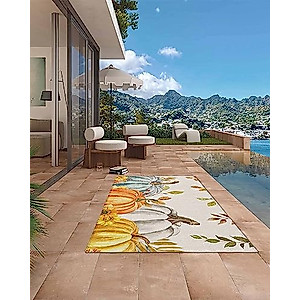 Thanksgiving Fall Outdoor Rug for Patio/Deck/Porch, Non-Slip Area Rug 6x9 Ft, Orange Teal Grey Pumpkin Maple Leaf Rustic Indoor Outdoor Rugs Washable Area Rugs, Reversible Camping Rug Carpet Runner