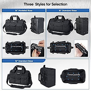 TICONN 16in Tool Bag with Waterproof Molded Bottom, Multi-Pockets Wide Mouth Tool Tote with Safety Reflective Straps, Adjustable Shoulder Strap