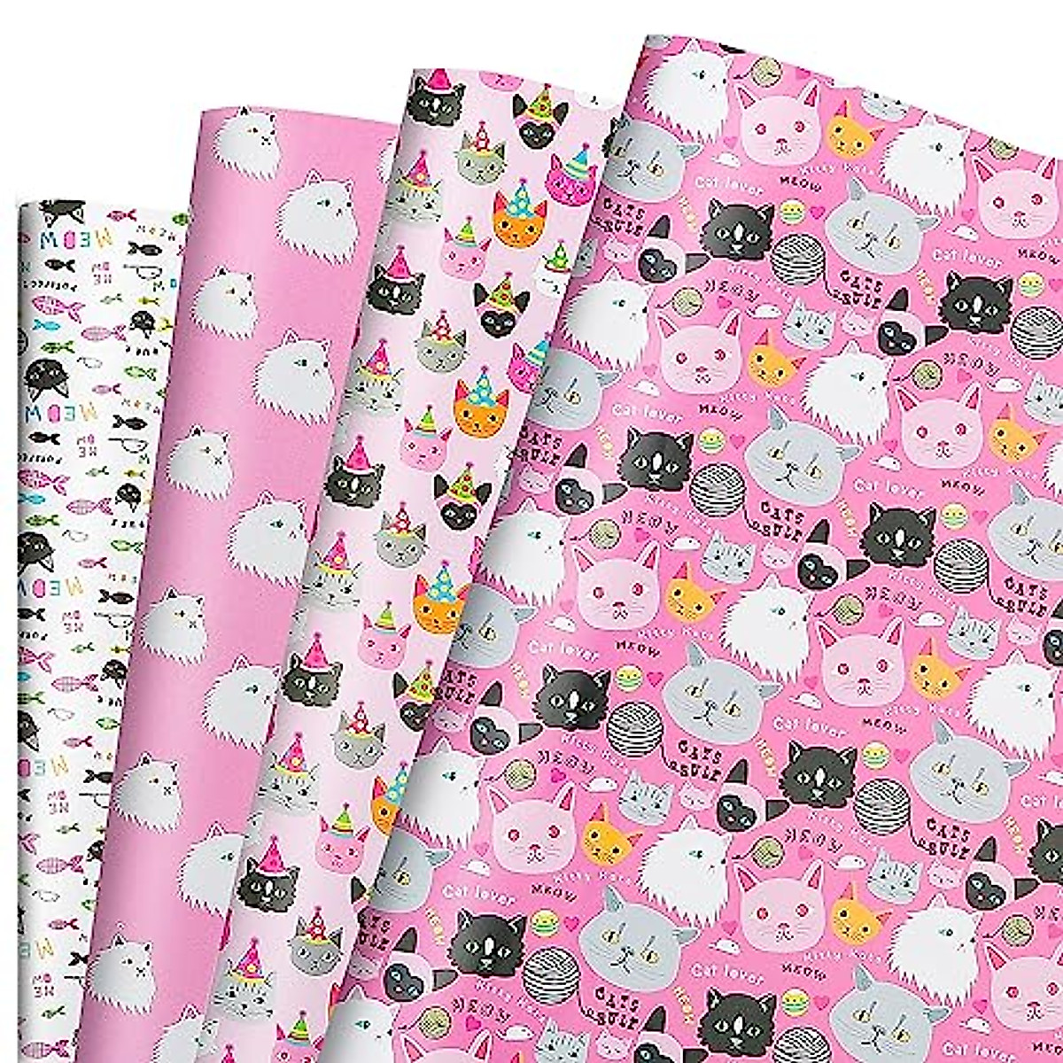 Dtiafu Cat Wrapping Paper for Girls Kids Women - 12 Sheets Pink White Gift Wrap with Cat Fish Patterns for Birthday Baby Shower Cat Party - 20 x 28inch Per Sheet
