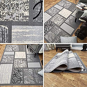 Rubber Backed Area Rug, 58 x 78 inch (fits 5x7 Area), Grey Geometric, Non Slip, Kitchen Rugs and Mats