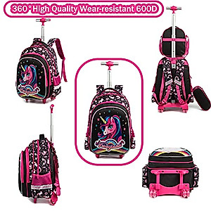 Girls Boys Kids Rolling Backpack with Wheels Trolley School Bag Waterproof Travel Luggage for Kids Girls and Students lunch bag Lightweight and Multi functional(Black Unicorn 16inch)