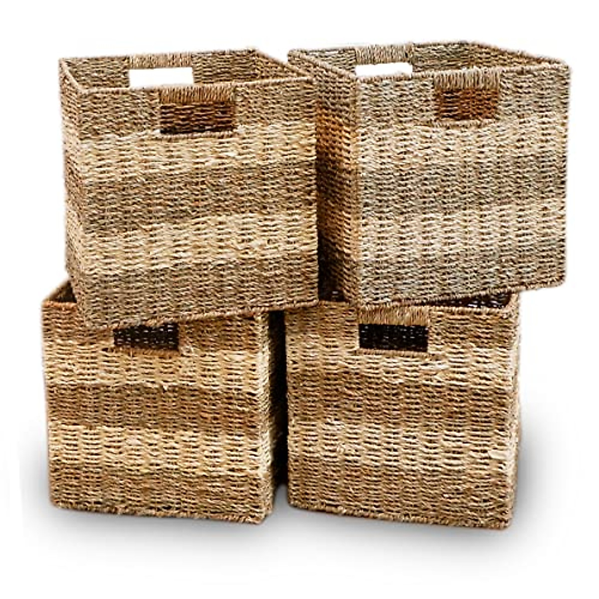 Foldable Hand-woven Wicker Cube Storage Bins, Collapsible Wicker Storage Cubes, Natural Palm Fiber & Seagrass Storage Baskets, Chi An Home Cubes Organizer with Handles, 4 Pack - 11.8" x 11.8" x 11.8"